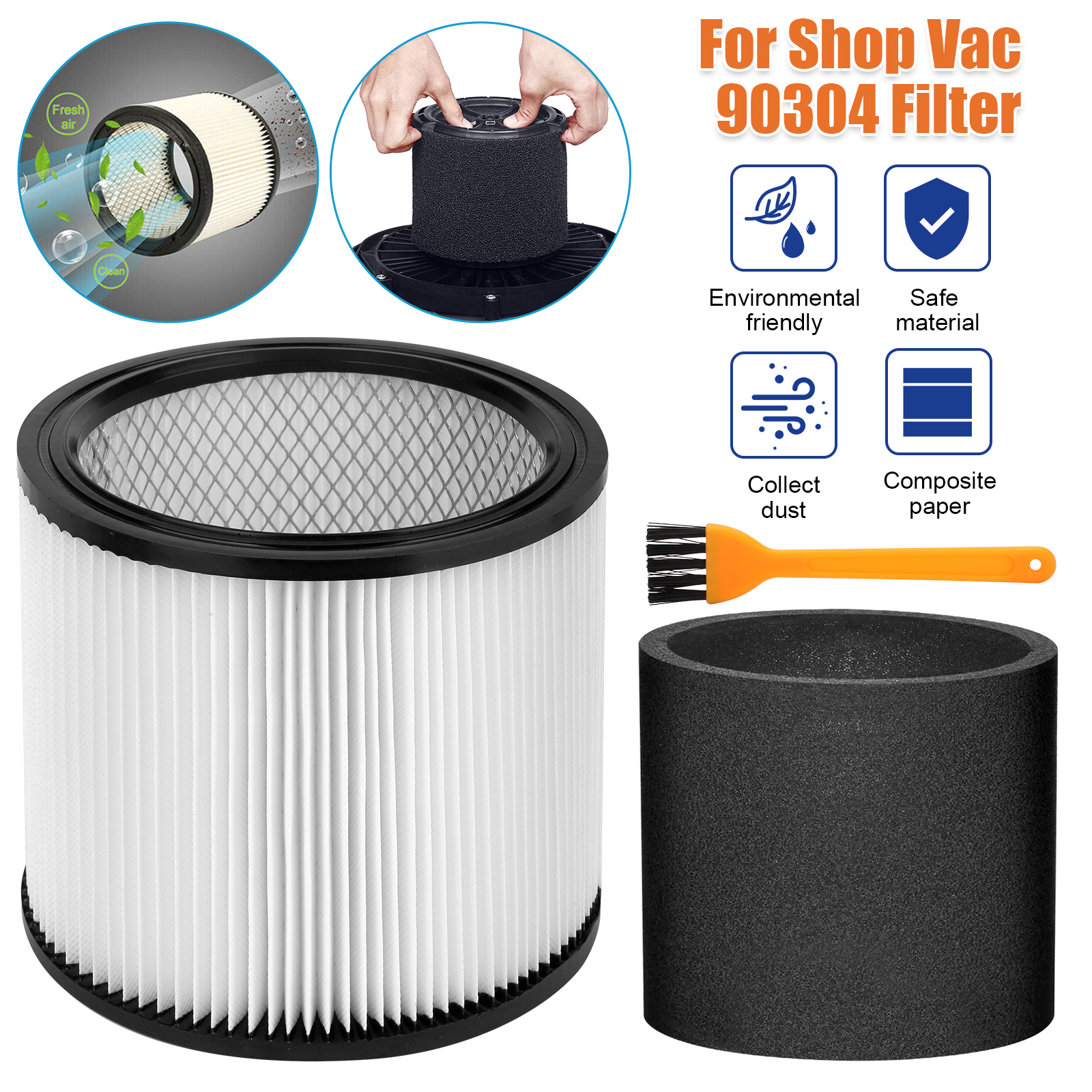 90304 Filter Cartridge & 90585 Foam Filter Fits for Shop Vac 5 Gallon ...